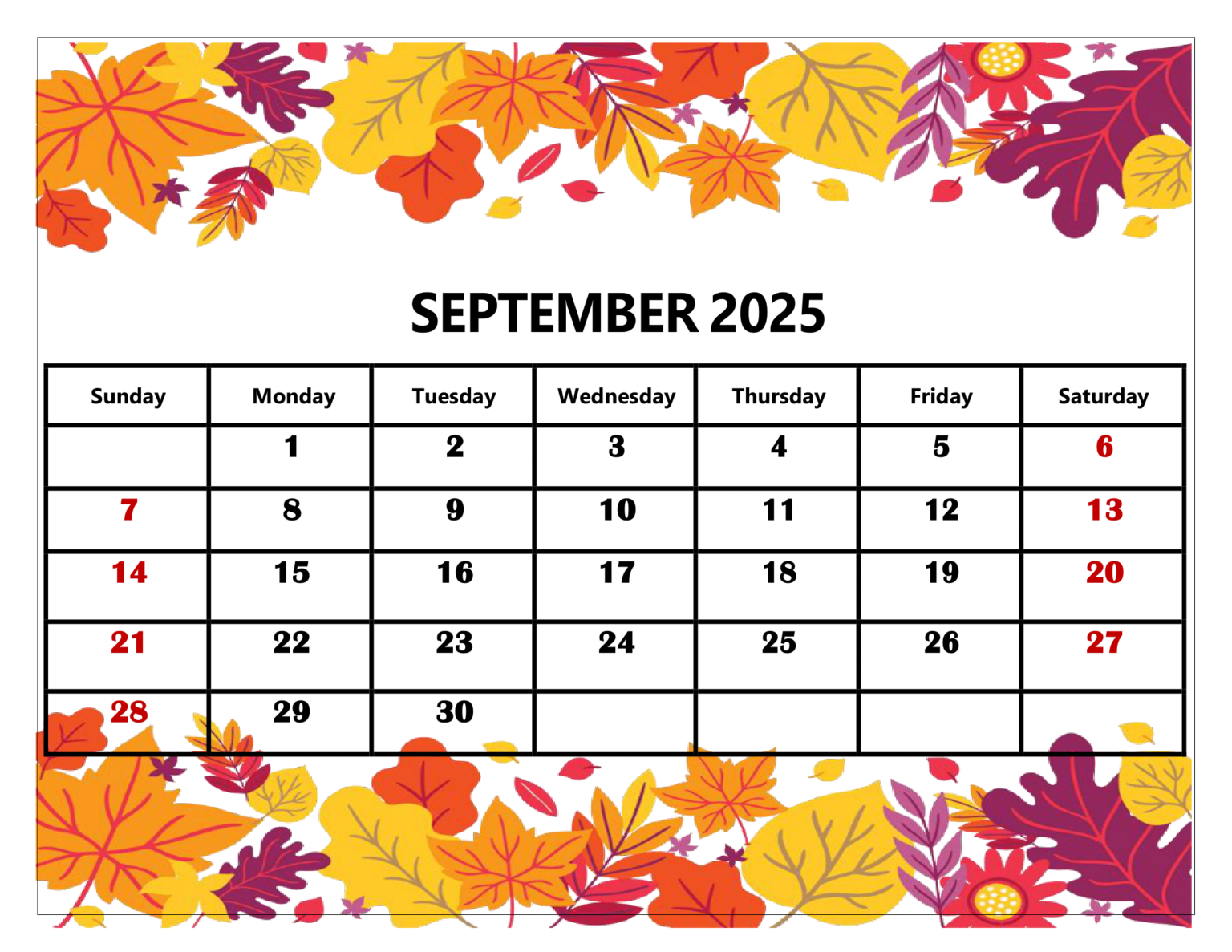 September 2025 Calendar Printable PDF Template with Holidays