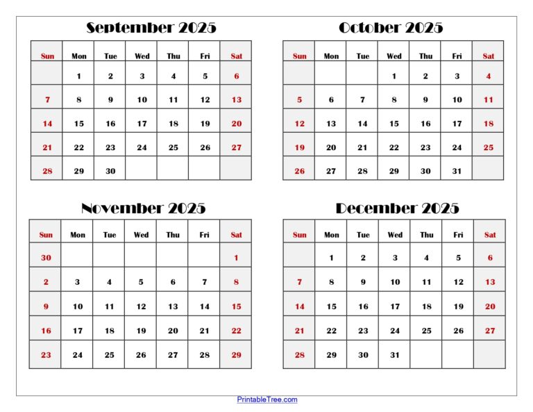 September to December 2025 Calendar Printable PDF | Four Months Calendar