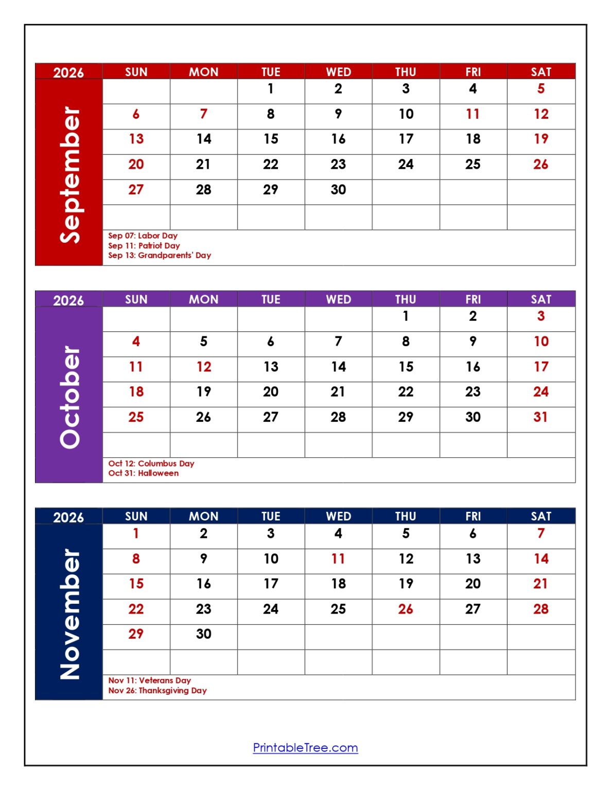 September to November 2026 Calendar Printable | Three Month Calendar